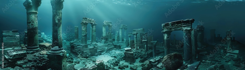 Explore an ancient underwater city featuring mysterious ruins, sunken ...