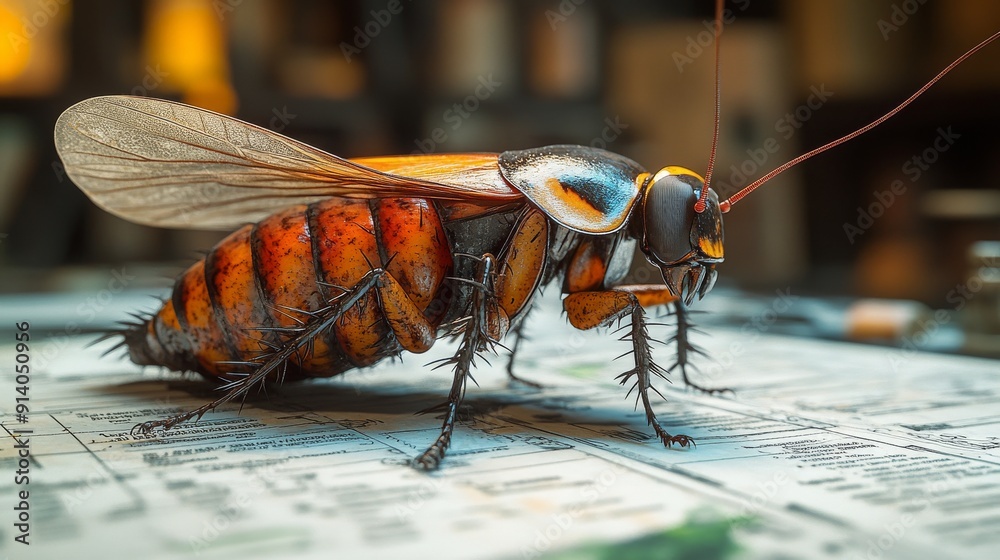 Detailed photo of a cockroach on a biological diagram, illustrating its ...