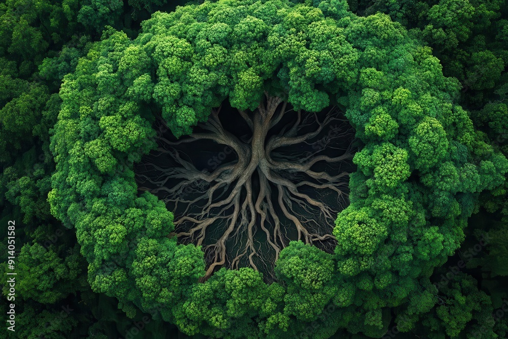 breathtaking aerial view of an ancient tree with sprawling root system ...