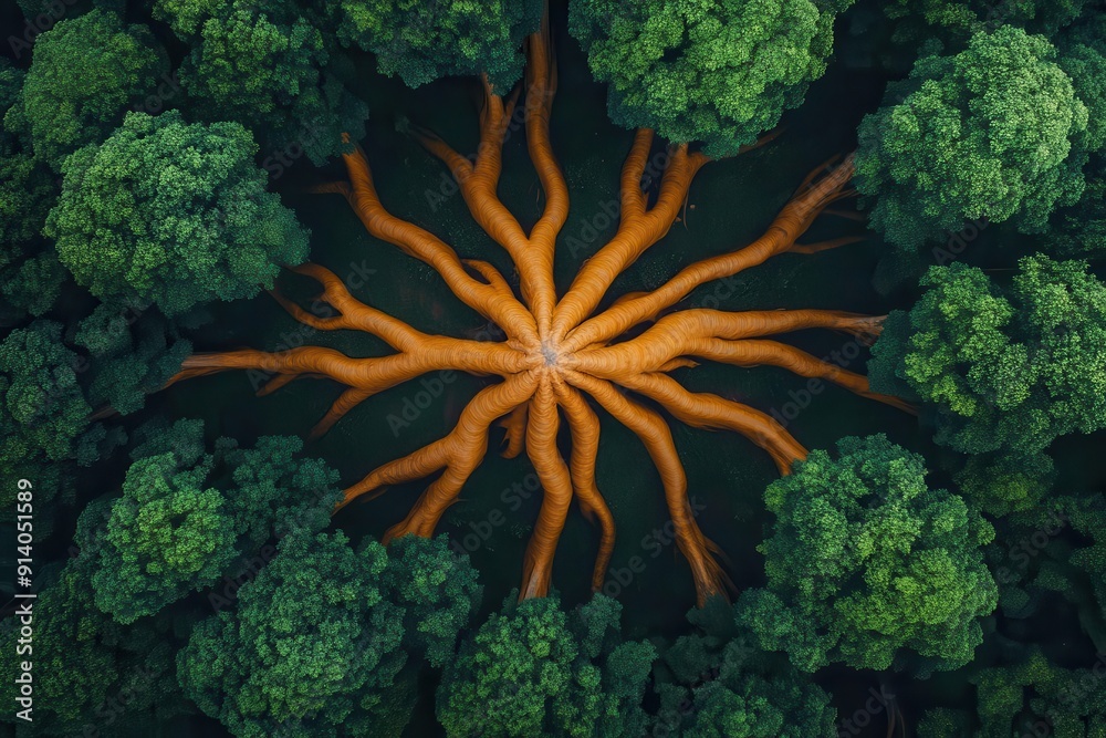 breathtaking aerial view of an ancient tree with sprawling root system ...