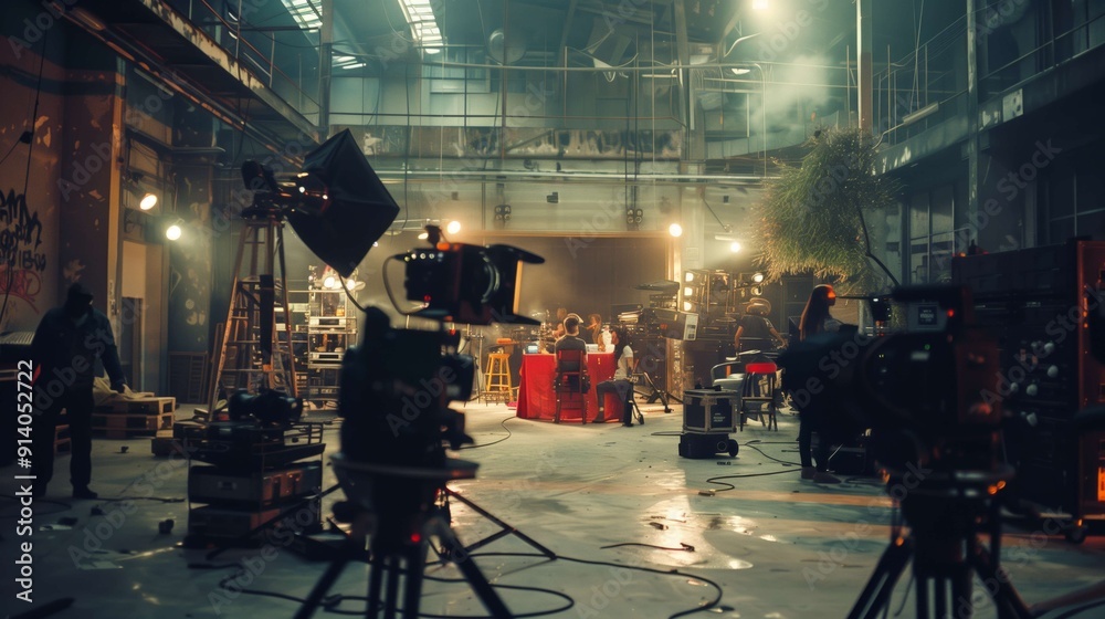 Film crew working hard in gritty industrial building, capturing scene ...