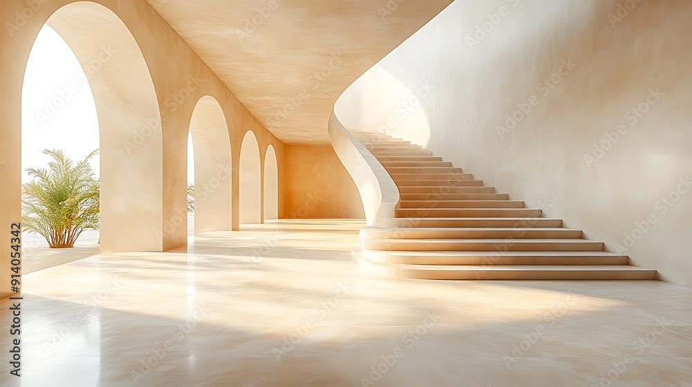 Elegant atrium with arched openings, sunlit marble floors, and a ...