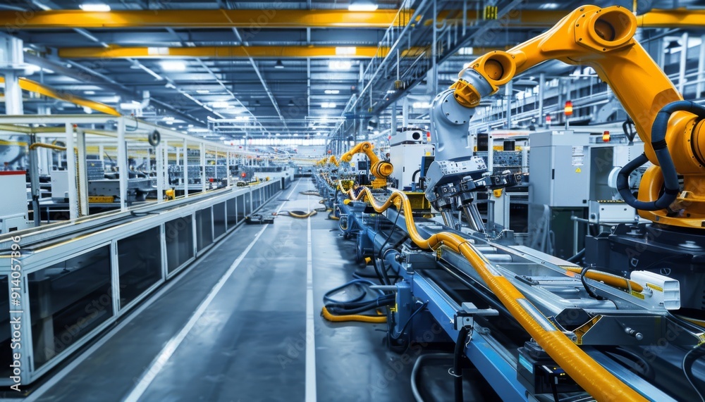 High-tech factory floor featuring robotic arms and autonomous mobile ...