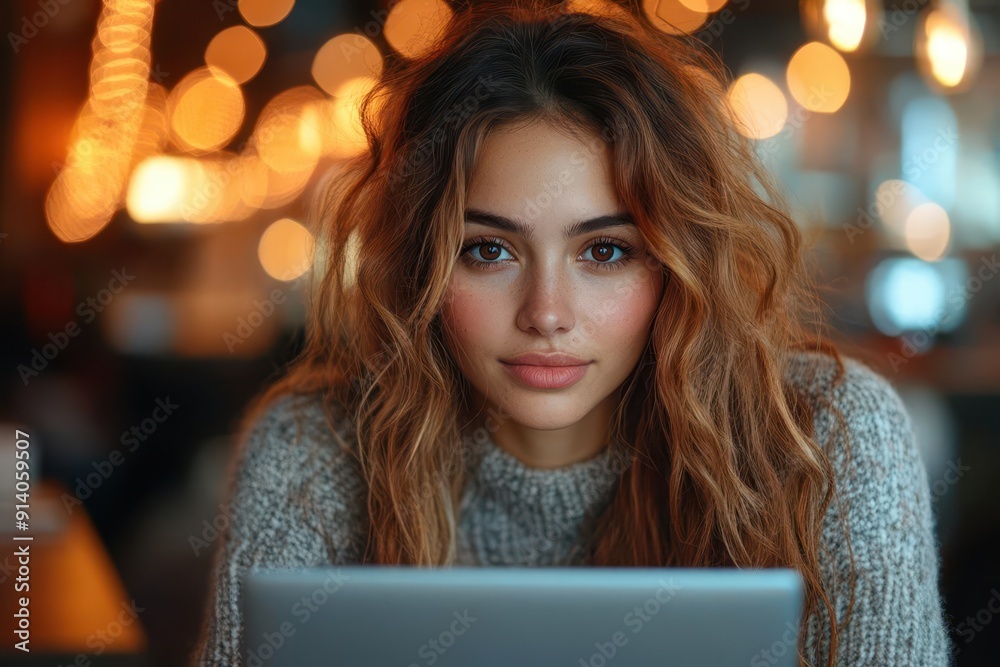 Confident Latina entrepreneur working on sleek laptop in trendy urban ...