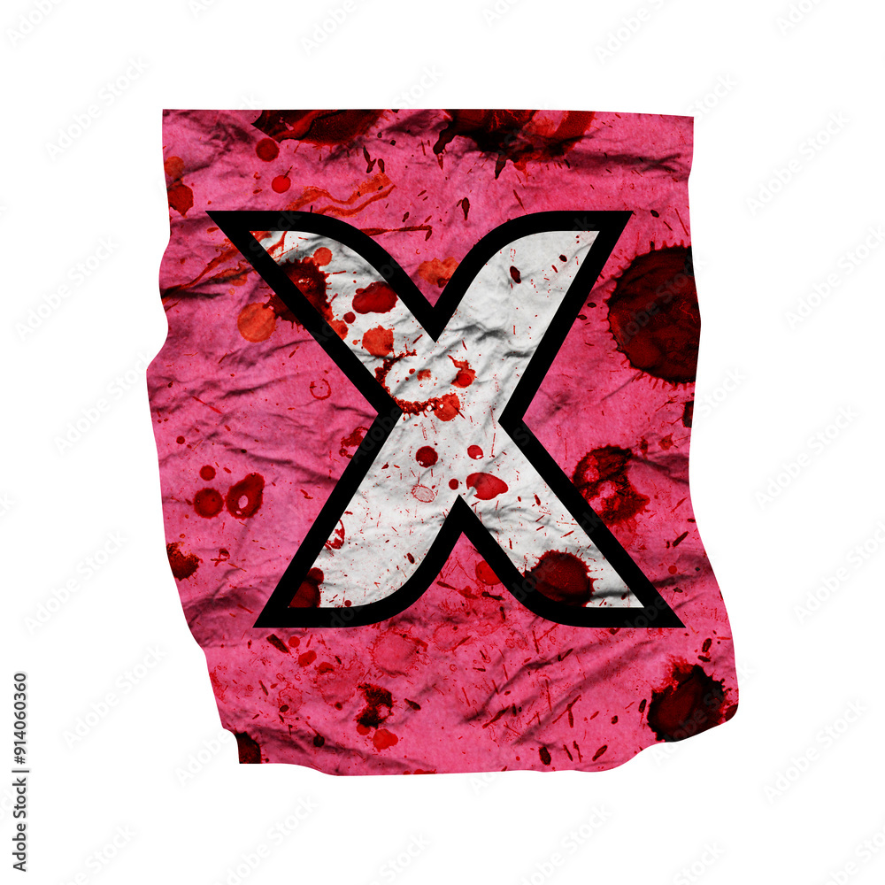 Cut out ransom alphabetic letter with blood splashes and crumpled paper ...