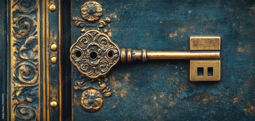 an ornate vintage key in a detailed lock, highlighting intricate ...