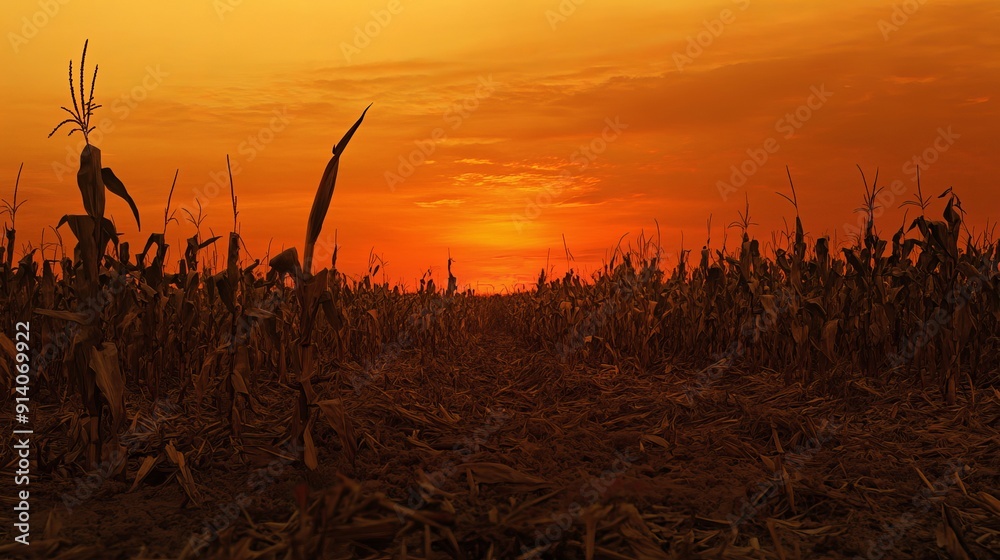 Dead corn under an orange sky, capturing the eerie silence of a once ...