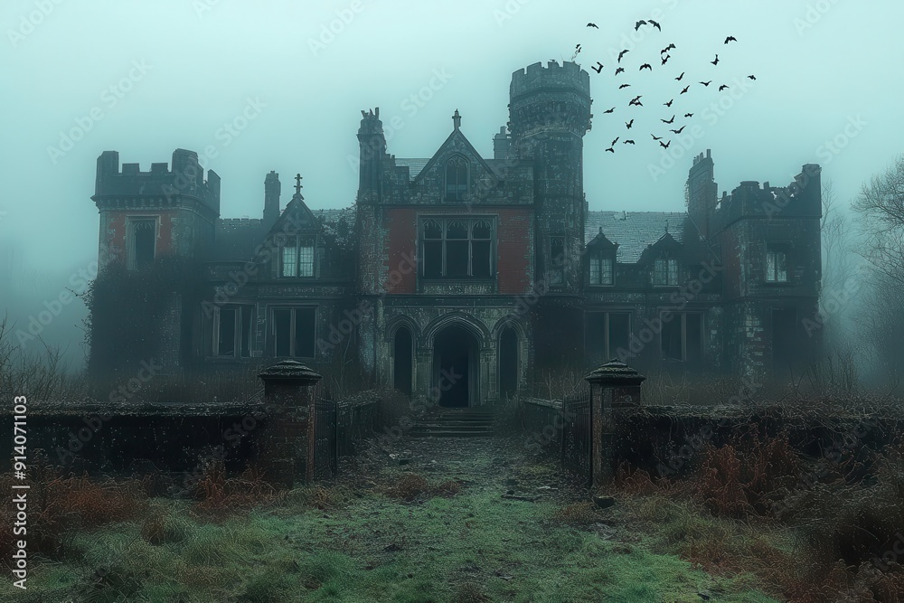 eerie abandoned victorian mansion shrouded in mist with dilapidated ...