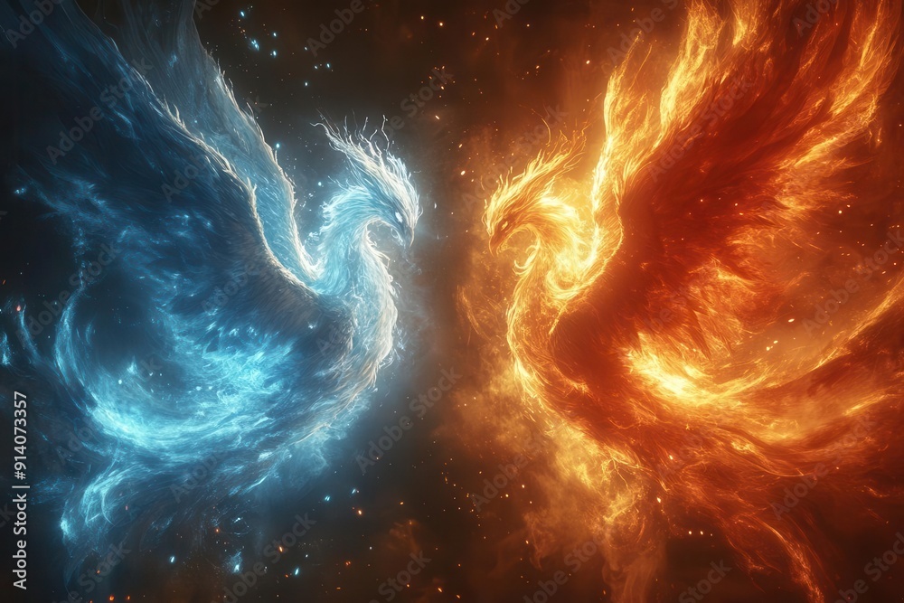 elemental duel between fiery phoenix and icy dragon swirling magical ...