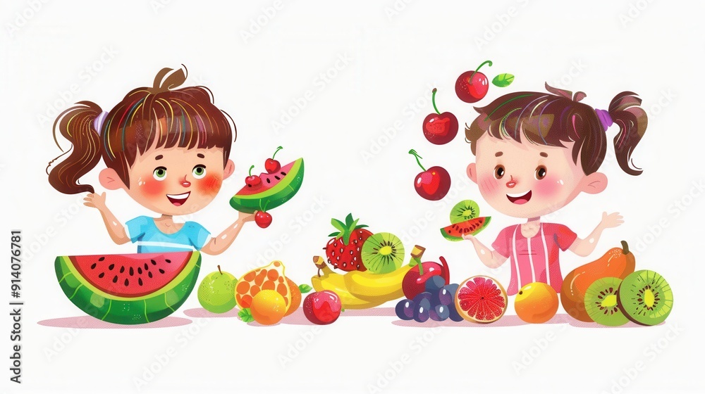 Cartoon flat vector drawing of a boy and a girl eating seasonal fruits ...