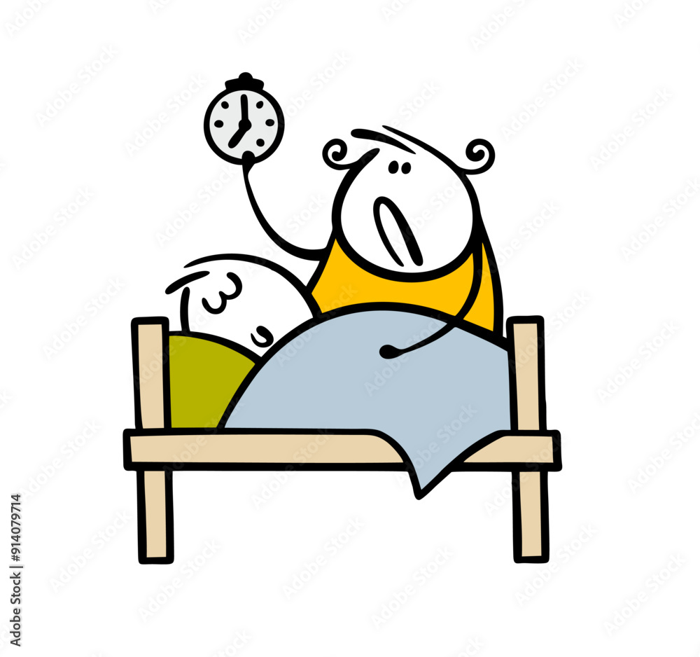 Cartoon disgruntled woman wakes up a man for work. Vector illustration ...