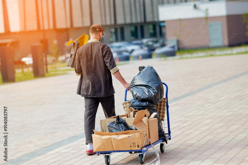 Restaurant worker taking out garbage on cart filled with empty boxes ...