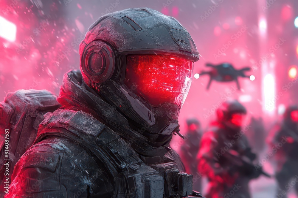 futuristic military squad in advanced exosuits wielding hightech ...