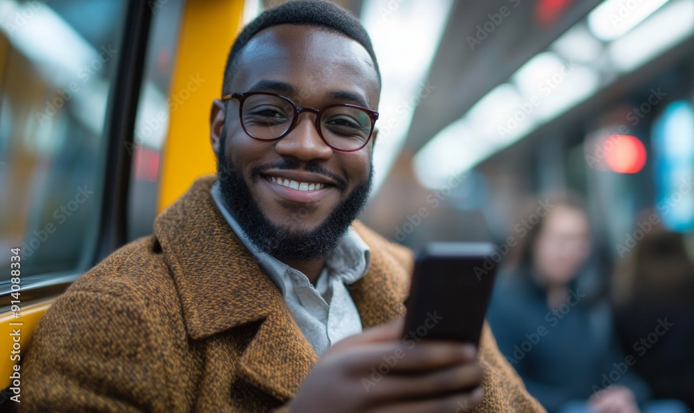 Joyful Public Transit Passengers Engaging with Smartphones: Green ...