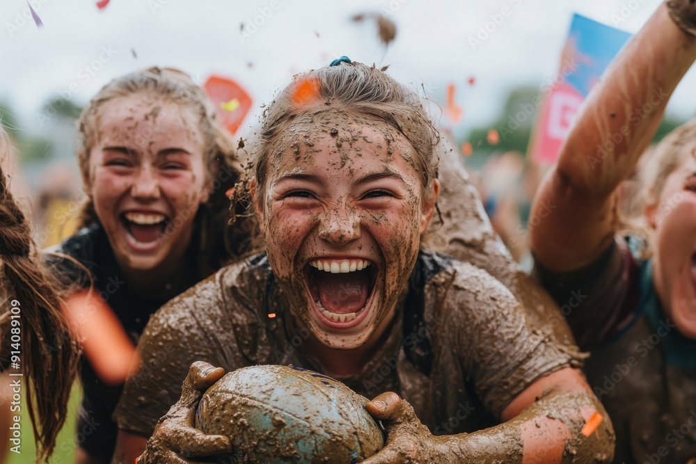 Muddy but victorious, a group of girls celebrates a rugby win, their ...