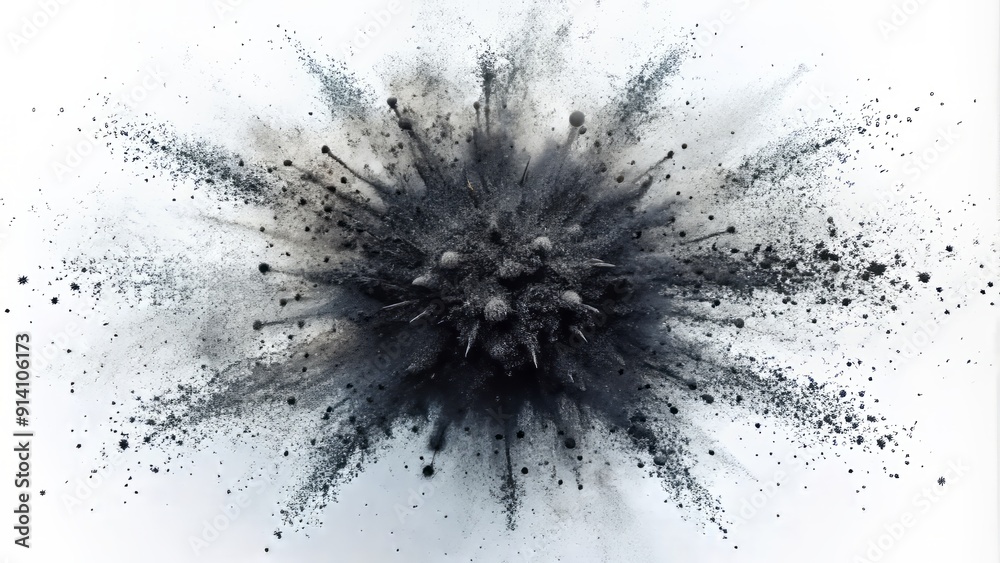 Dynamically scattered black particles explode outward from the center ...