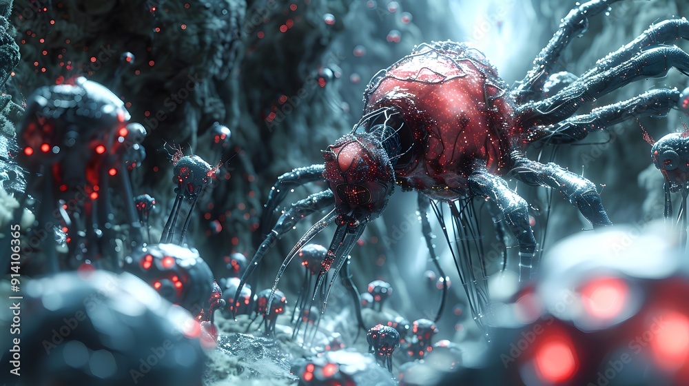 A computer-generated image of a nano-scale robot swarm performing ...