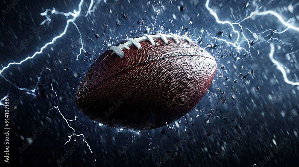 Flying American Football with Lightning on Dark Background, Energy ...
