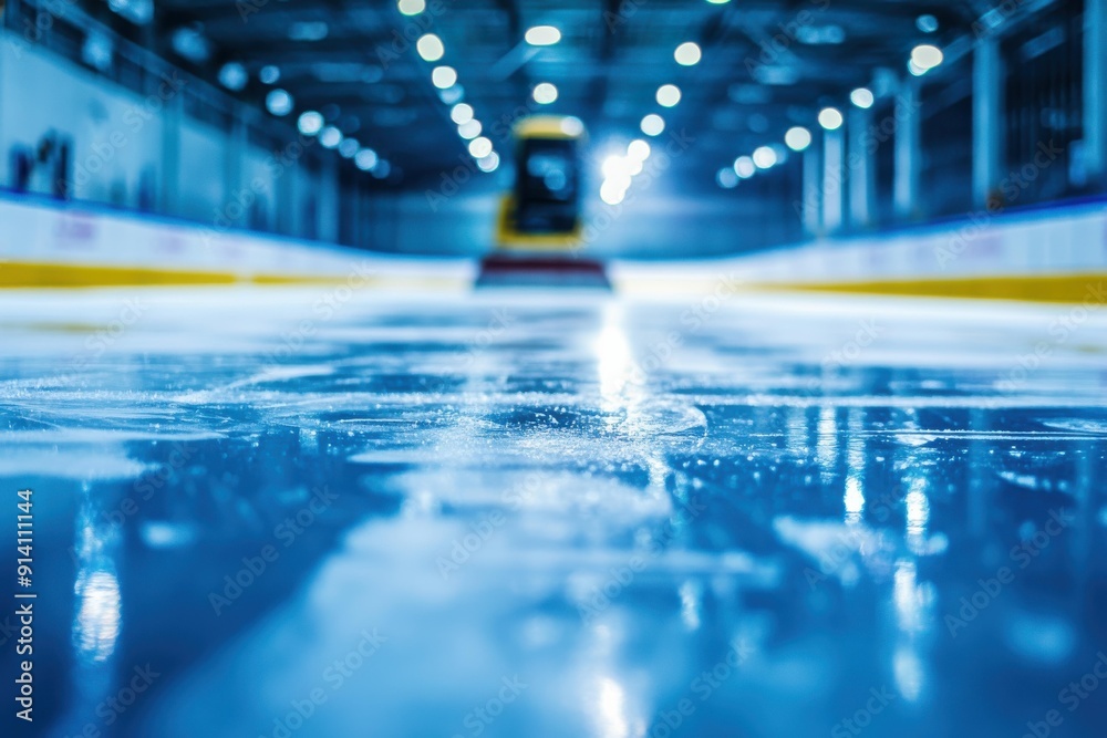 Freshly Resurfaced Ice Rink with Zamboni – Close-up of Smooth Ice ...
