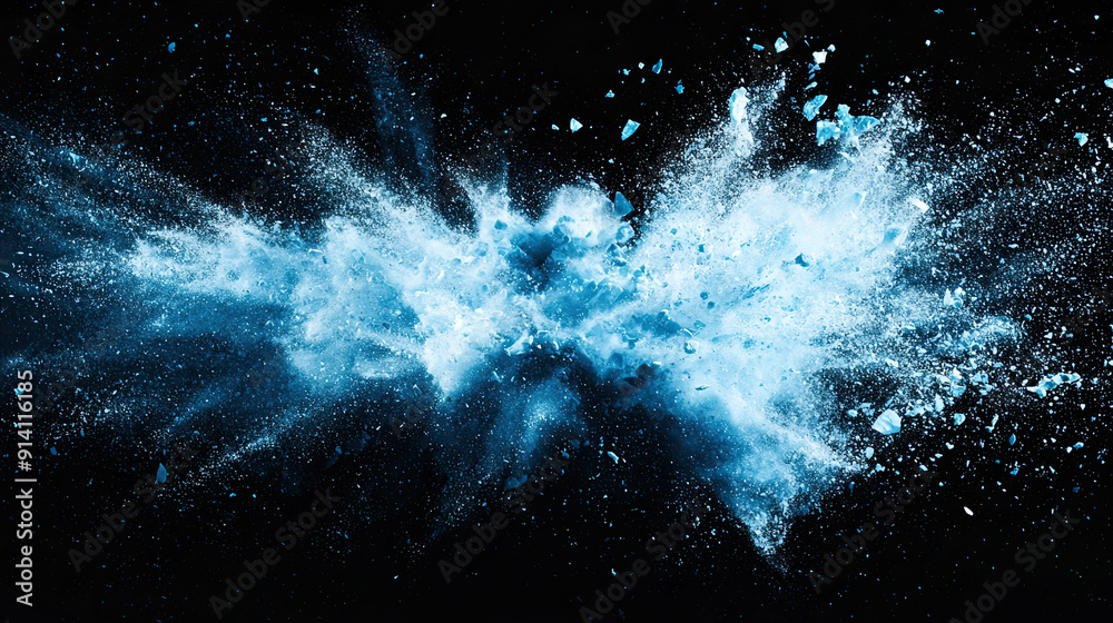 Abstract Blue Ice Crash Explosion Parts on Black Background, Shattered ...