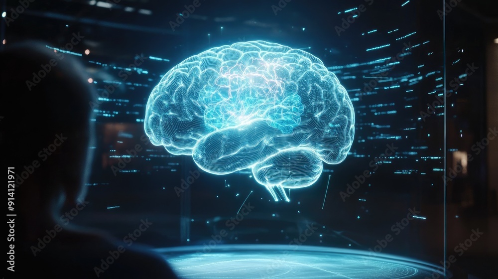 A digital hologram displaying a 3D model of the human brain, with AI ...