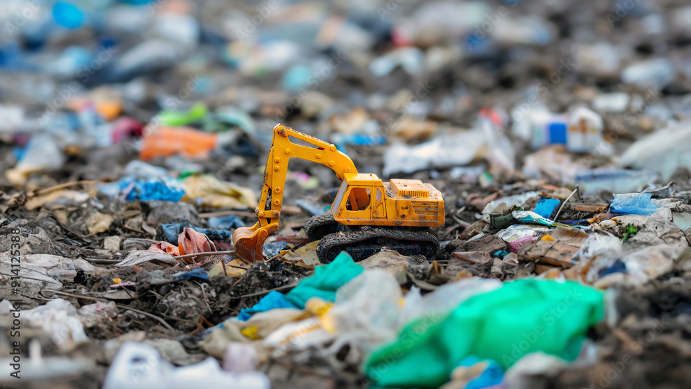 Toy excavator amidst garbage in landfill. Concept of insufficient waste ...