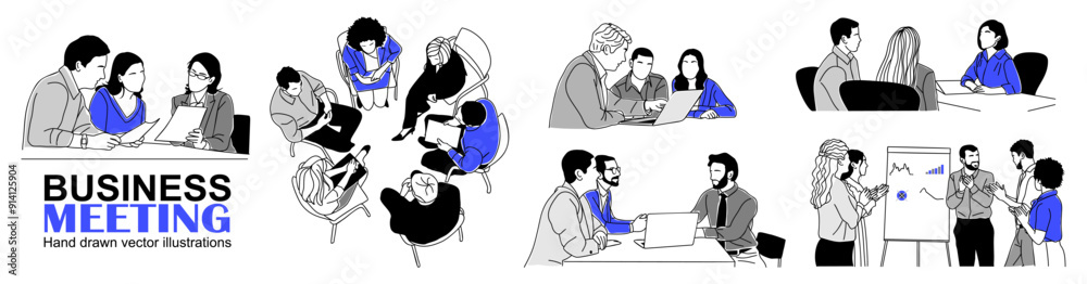 Set of Business meeting scene vector outline illustrations on ...