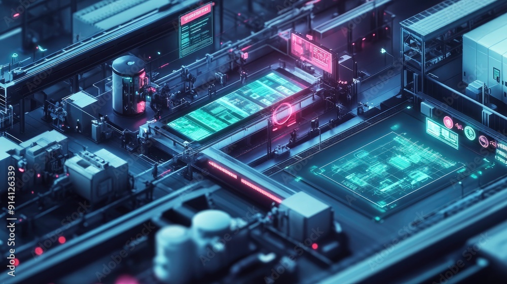 A Smart Manufacturing Plant With Icon Graphics Representing Real Time Data Analytics Ai And