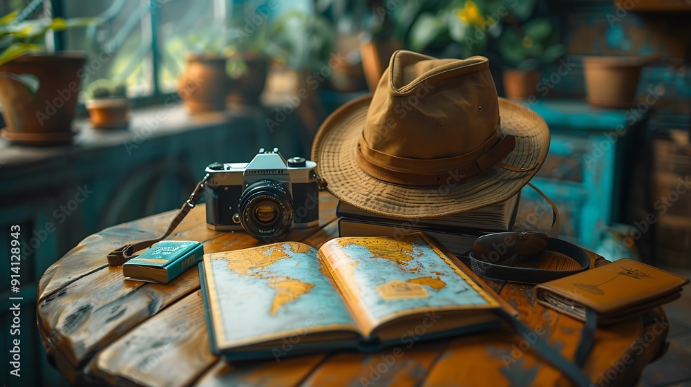 Neatly organized city exploration items such as a city map, guidebook ...
