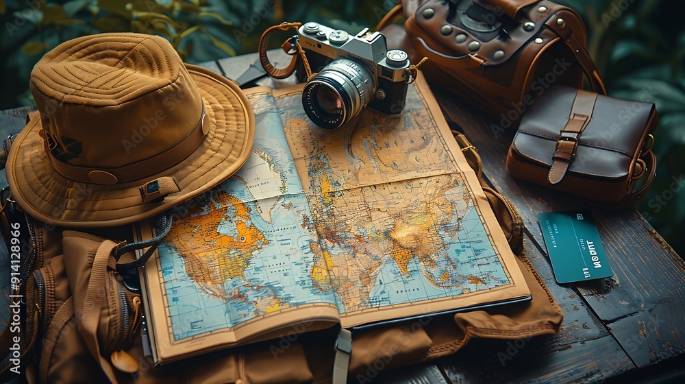 Neatly organized city exploration items such as a city map, guidebook ...