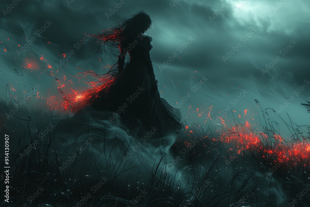 Witch .Ghos.forest with victorian woman in a black mourning dress ...