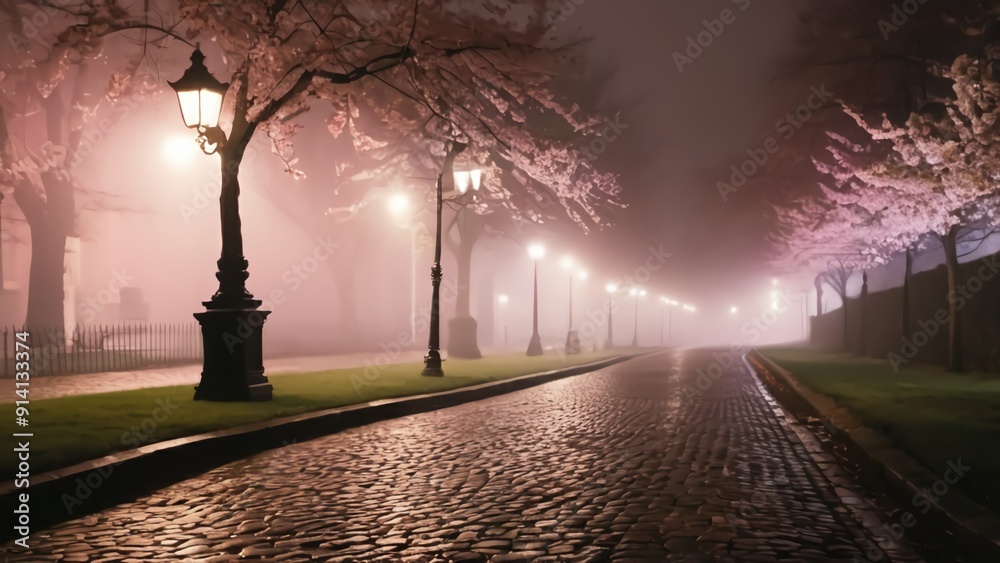 A serene cobblestone street lined with cherry blossoms and vintage ...