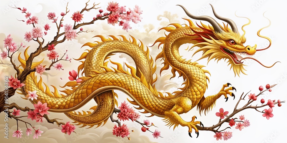 Majestic golden dragon icon in Japanese style adorned with plum ...