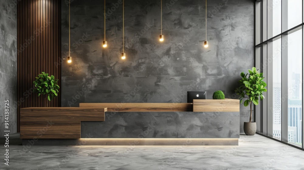 gray and wooden reception desk , office hall corner reception , modern ...