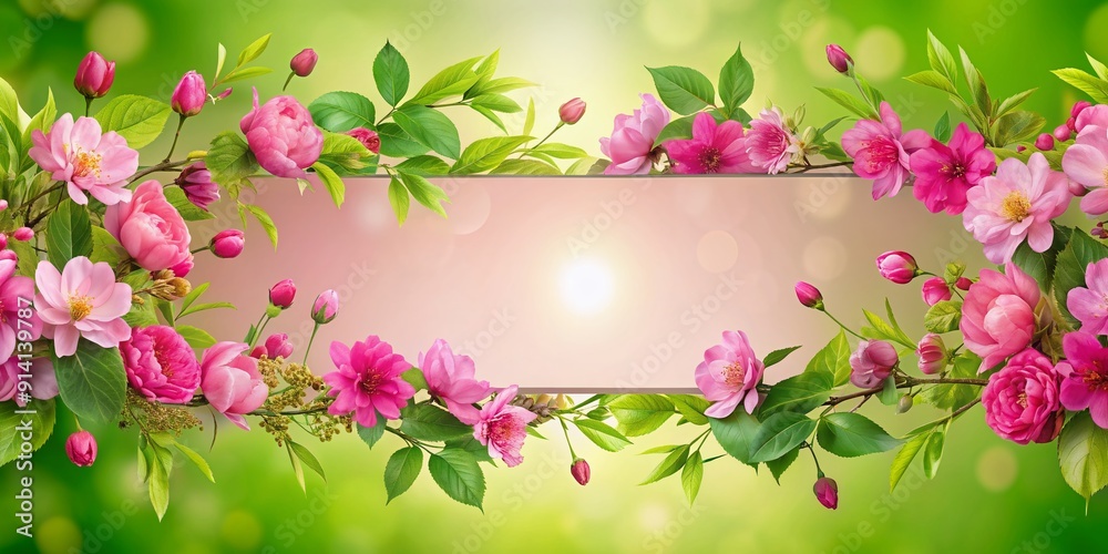 Vibrant pink frame banner adorned with blooming pink flowers and lush ...