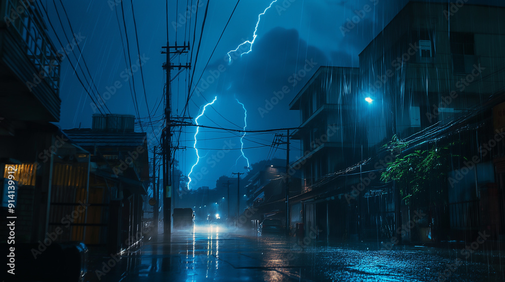 Electric Storm in the City: A dramatic cityscape drenched in the ...