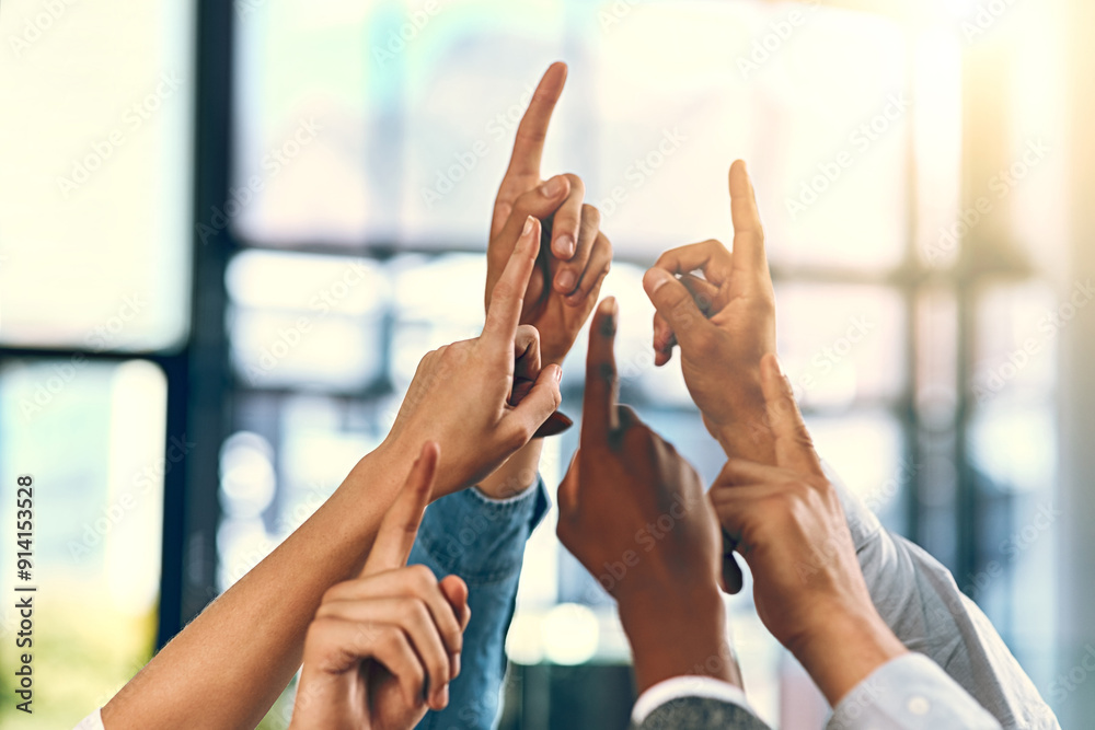 Business people, fingers and ask question in office, feedback and emoji ...