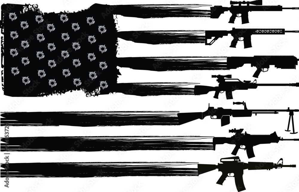 military concept with assault and sniper rifles bullet holes in shape ...