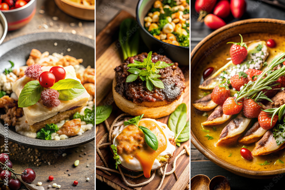 ภาพประกอบสต็อก Apetitoso collage de comida saludable para restaurante ...
