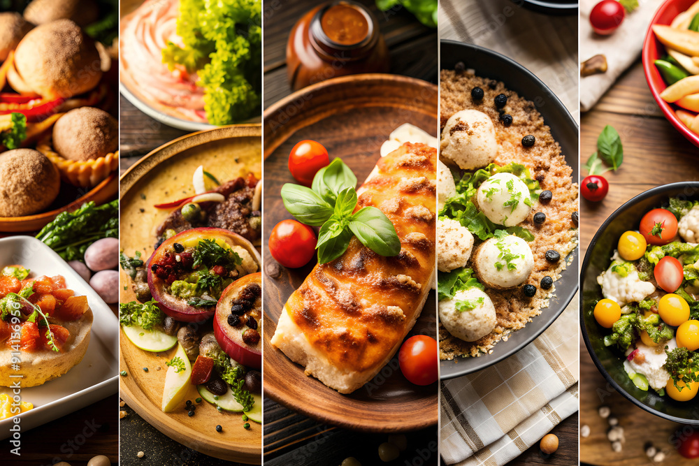 Apetitoso collage de comida saludable para restaurante. Fotografías de ...