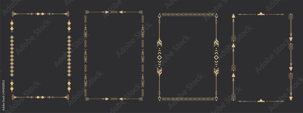 Gold frame set with tribal native indian arrow, ornament. Border thin ...