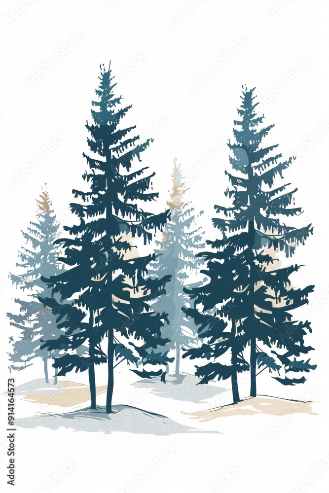 Stylized Evergreen Trees with Textured Layers and Muted Background ...