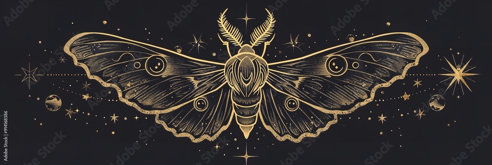 tattoo design of a detailed moth on a dark background featuring cosmic ...