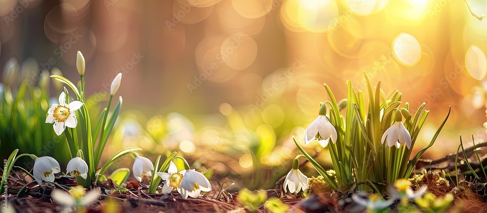 Sunny springtime scenery in the forest glade showcases white Leucojum ...
