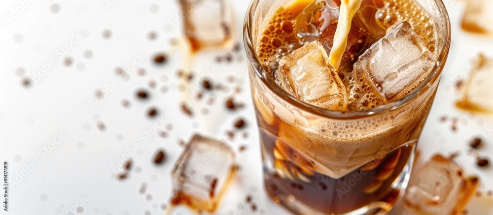 Iced coffee made by pouring milk over frozen coffee cubes in a glass ...