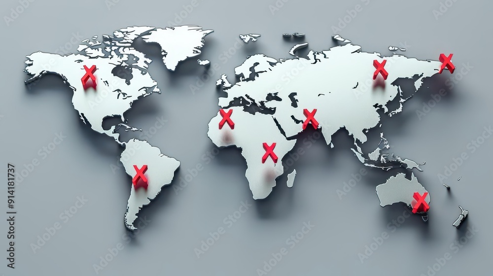 A 3D clip art of the world map with red X marks over countries Stock ...