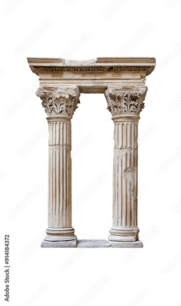 Ancient arched columns with medieval decorative elements. Isolated ...
