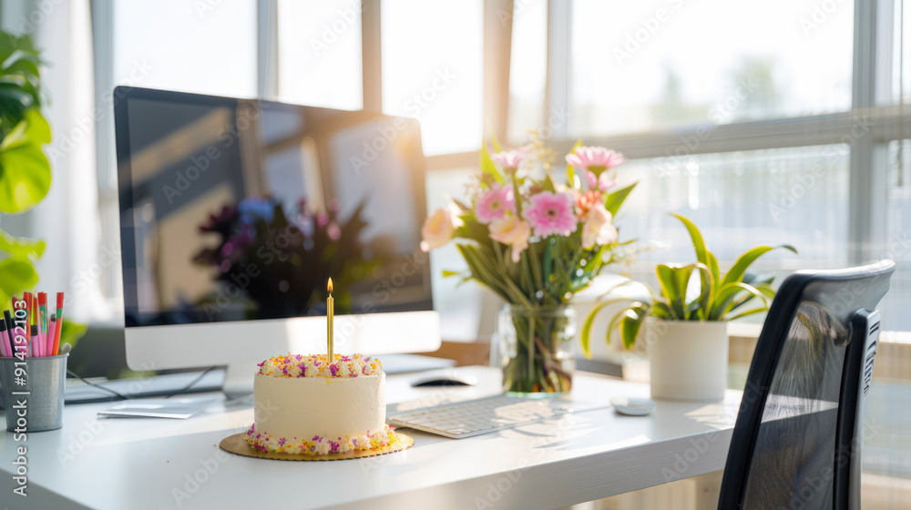 Business birthday party: cake with candle and flowers bouquet on the ...