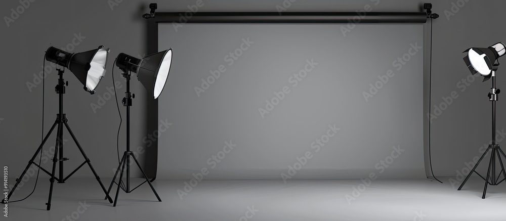 Studio setup with professional lighting equipment on a grey background ...