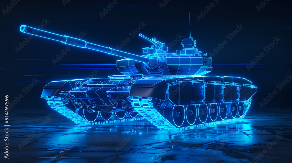 Futuristic neon blue tank hologram. Detailed 3D wireframe model of ...